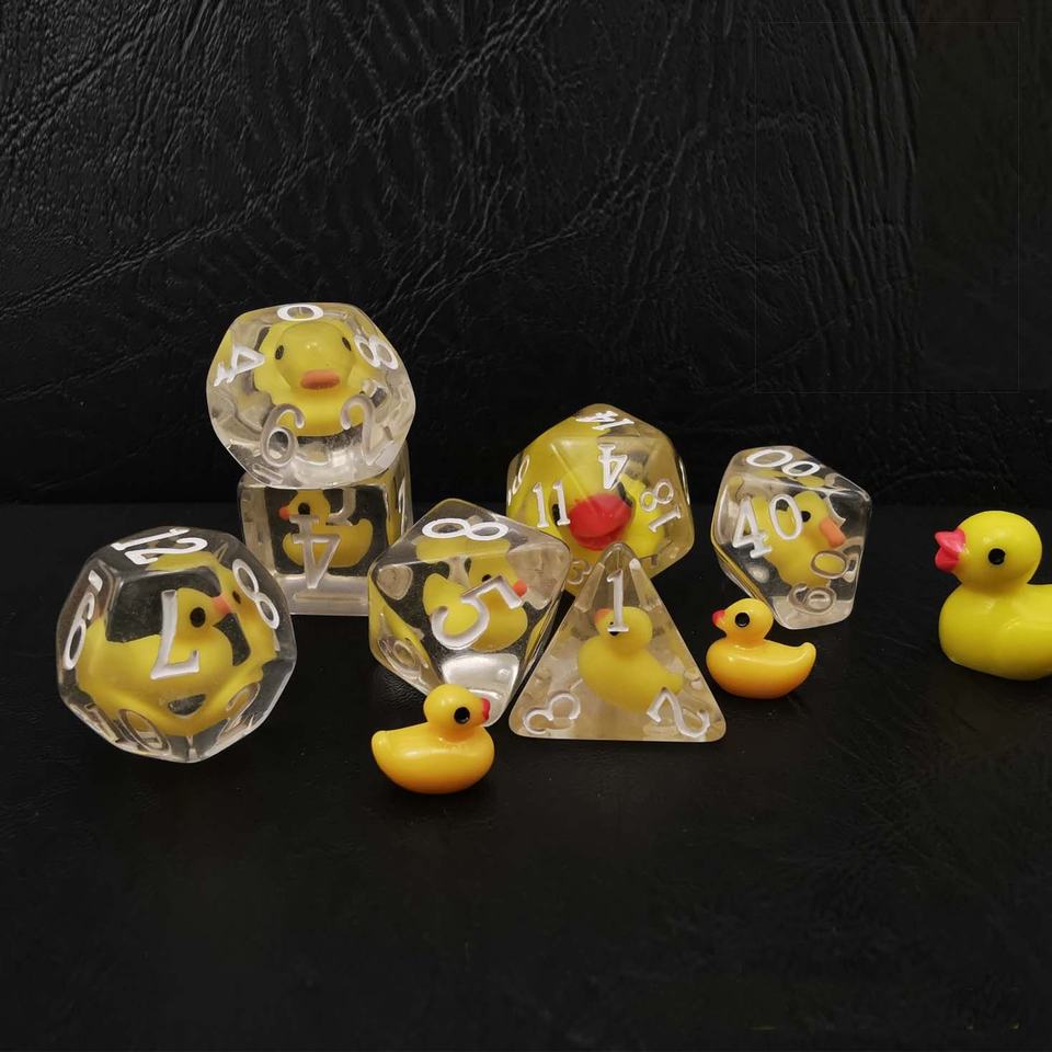 Cute Yellow Duck Polyhedral Dnd Liquid Core Resin Dice Set