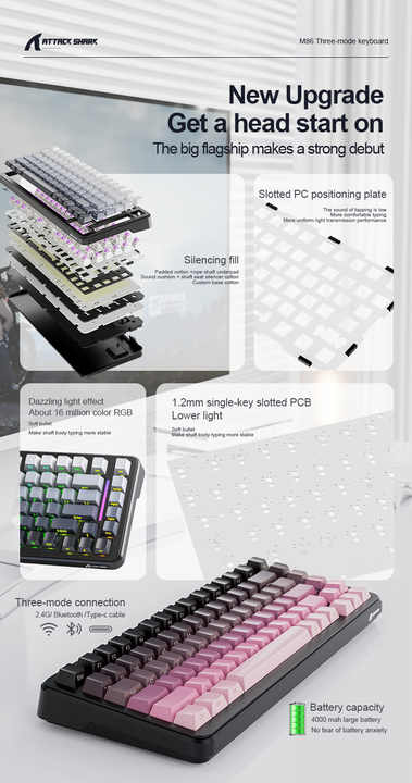 Attack Shark M86 Wireless Mechanical Keyboard BT RGB Three-mode Customized Gaming Side Engraved ...