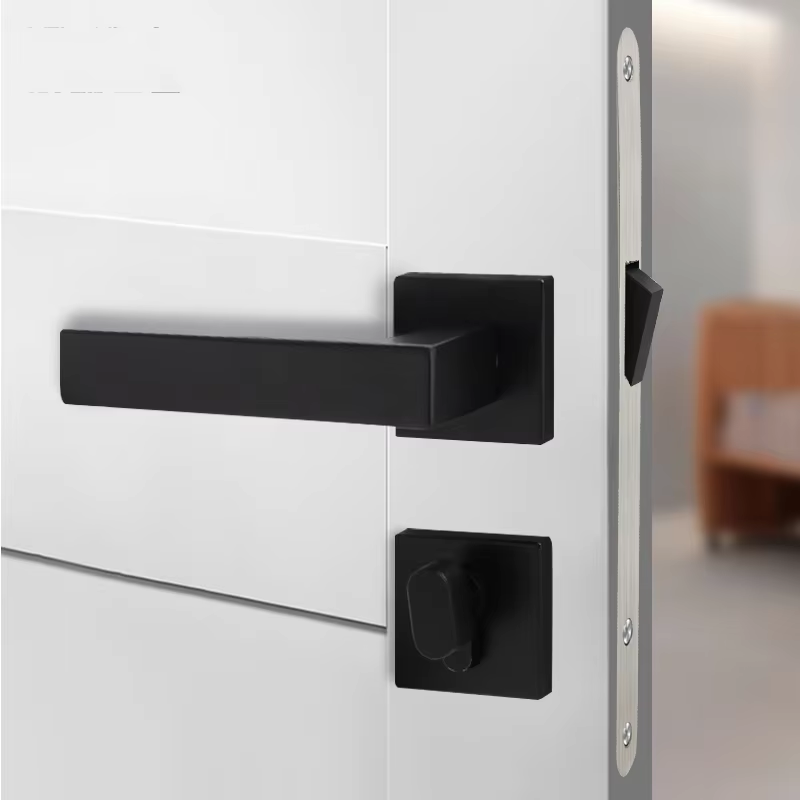 Matte Black Cylinder Latch Plate Square Lever Handle Set Interior Lock ...
