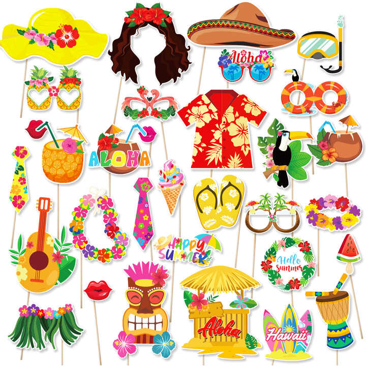 30 Pcs Luau Photo Booth Props for Hawaiian Tropical Summer Beach Pool ...