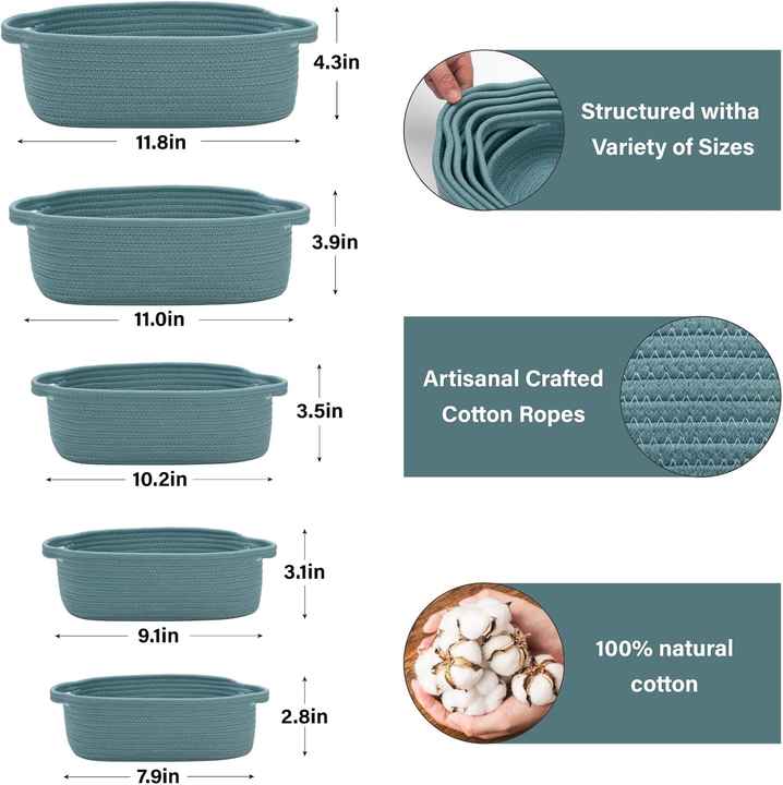 High Quality 5-Piece Rectangular Storage Basket Natural Cotton Rope ...