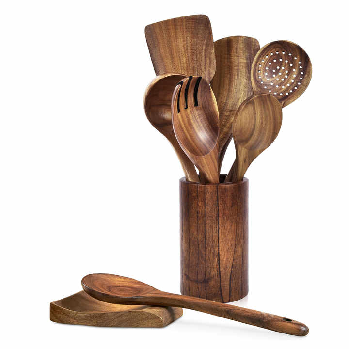 Wooden Cooking Utensils Set Wood Nonstick 8-piece Set Kitchen Cookware ...