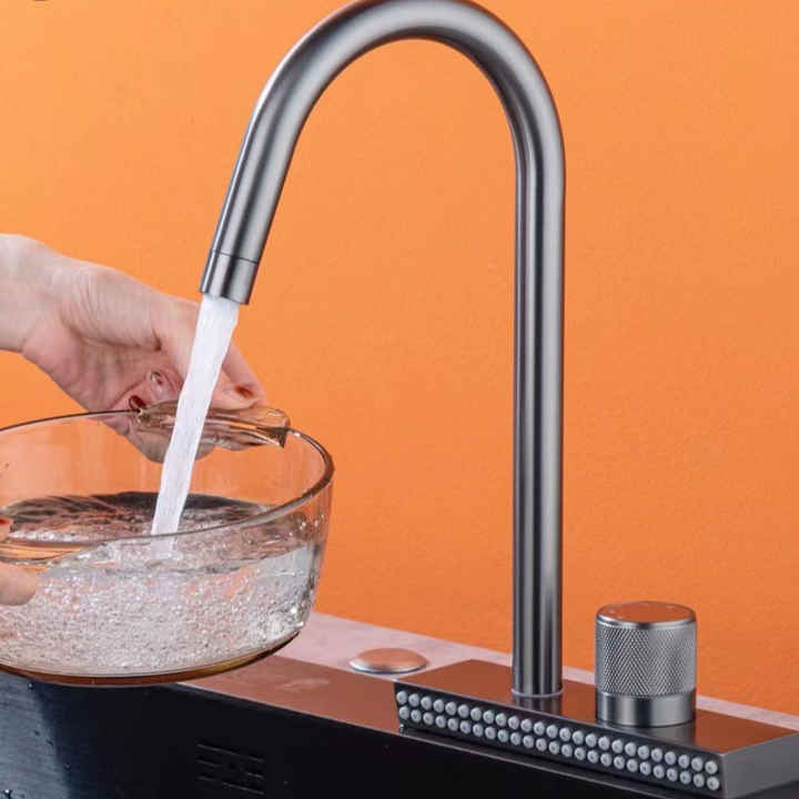 Kitchen Sink Faucet Modern Black Waterfall Rainfall Single Bowl Kitchen ...
