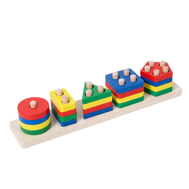 Educational Toy Wooden Geometric Shape Stacking Toy Column Blocks Model ...