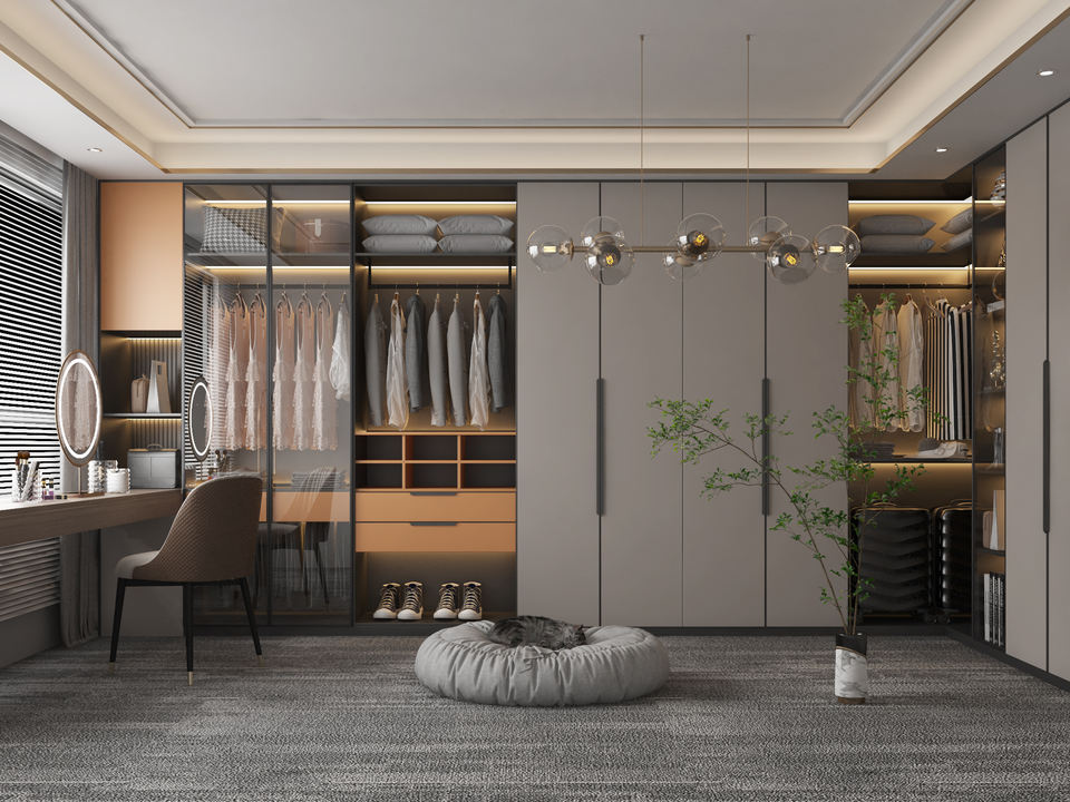 Modern U-shaped Wardrobe with LED Glass Door Sliding Door Luxury ...