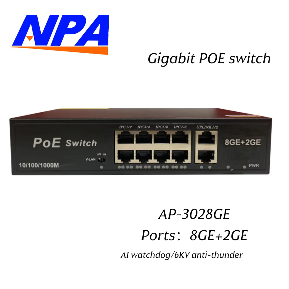AI PoE Switch 10 Port 8GE+2GE Gigabit 1000Mbps 6KV Lightning 250m AI ...