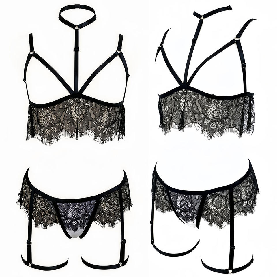 Valentine's Day Lace Bondage Bra Black Halter Strappy Cutout Bodysuit ...