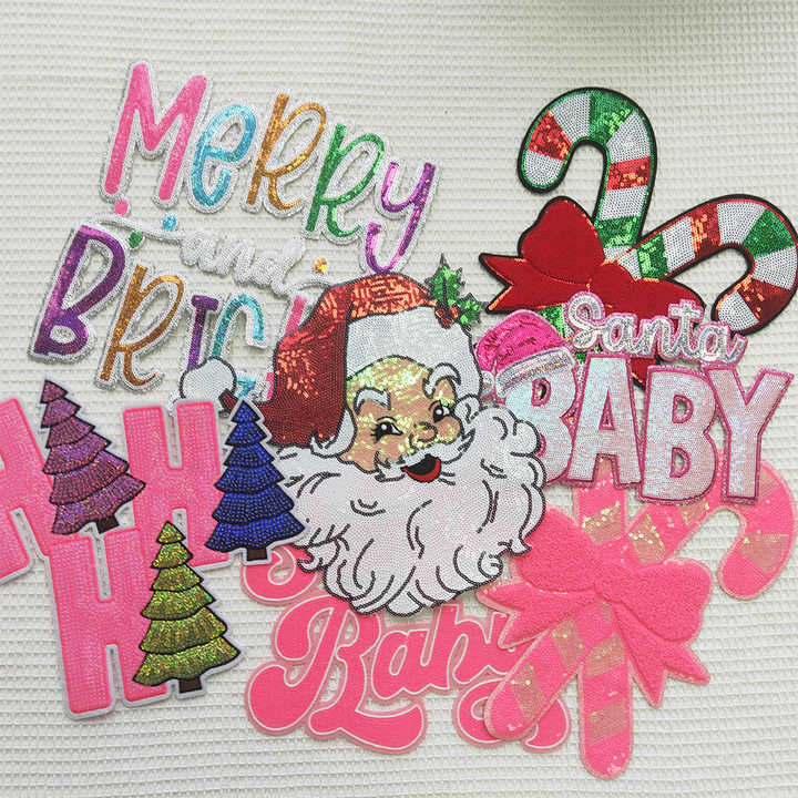 Custom Santa Baby Heat Press Patch Holly Jolly Christmas Large Chenille Sequin Letters ...
