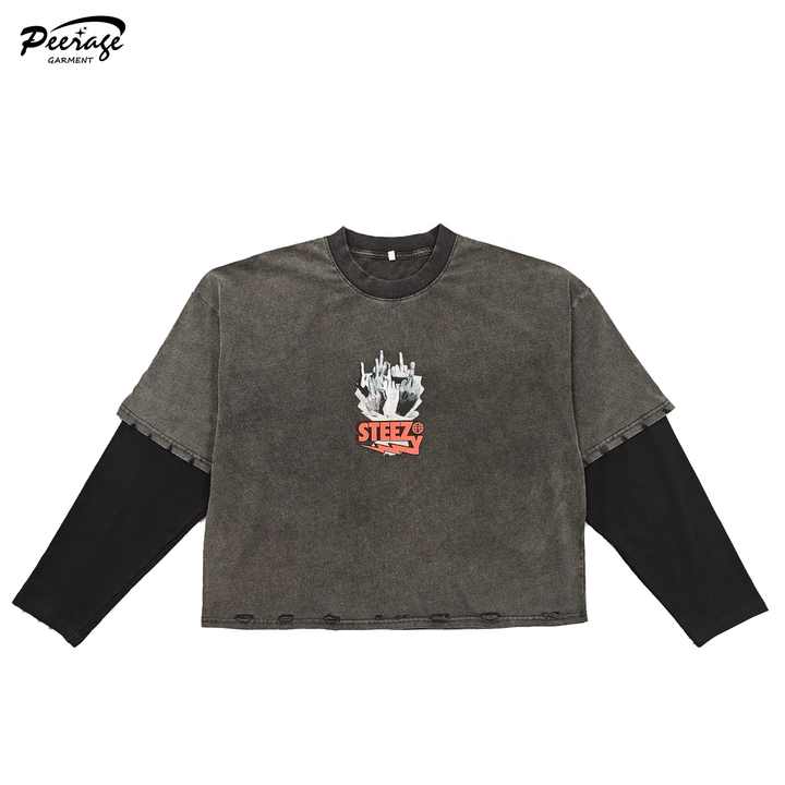 Custom Men's Double Layer LongSleeve Tee 100% Cotton Acid Stone Wash ...