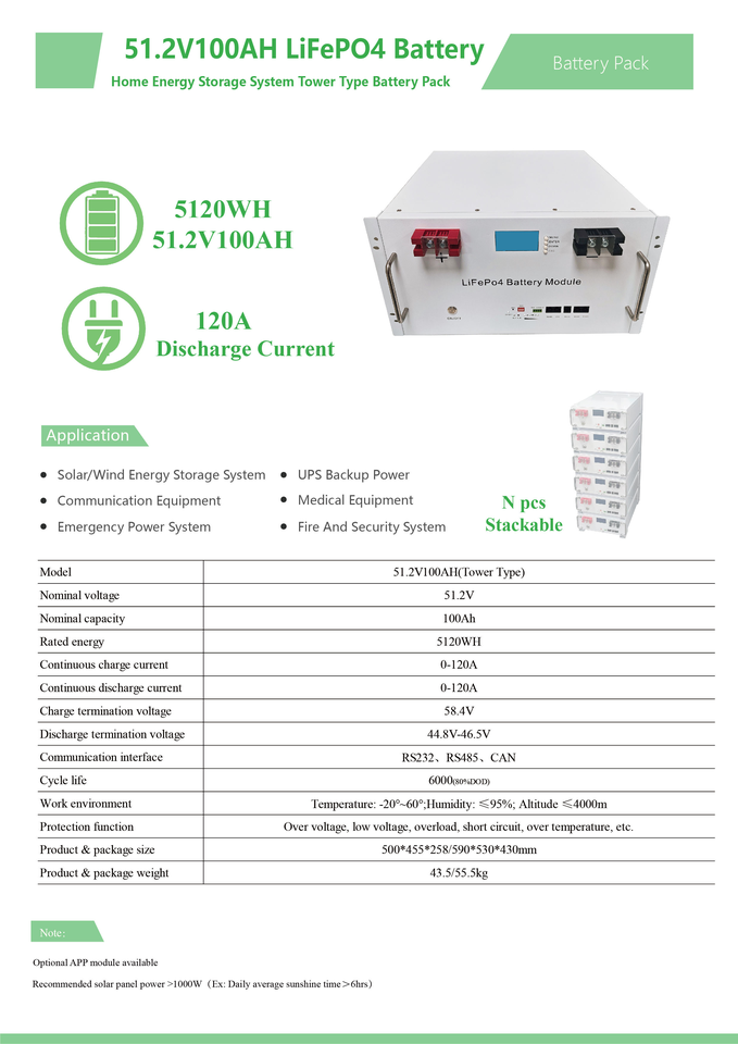 Home Energy Storage System Tower Type Battery Pack 51.2V 100AH LiFePO4 ...
