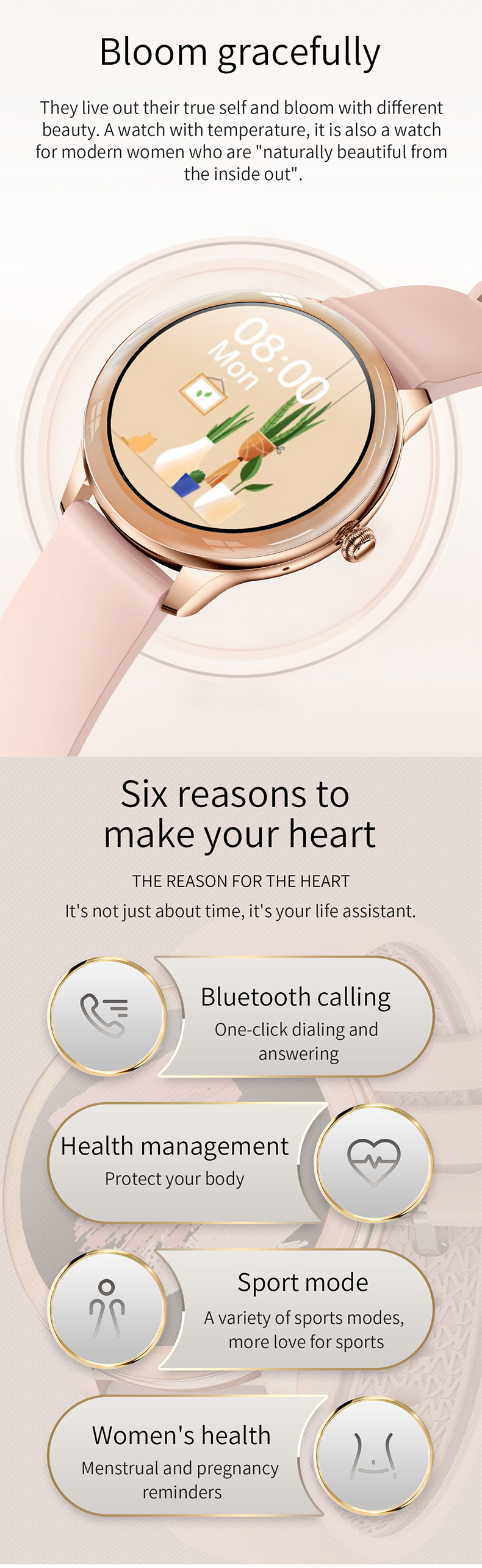 Ceas Smartwatch health tracker dama, 1,09 ich, fitness, multisport ...