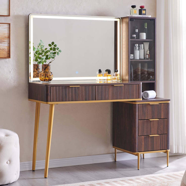 Fluted Makeup Vanity Desk with Mirror Light Big Modern Vanity Desk with ...