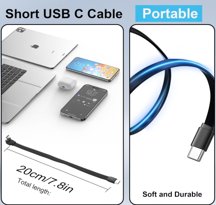 Right Angle USB C 2.0 Flat Data Cable 15cm/0.5ft Type C Male to Male ...