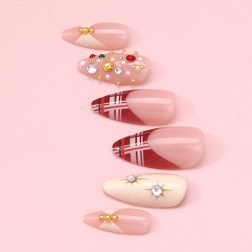 Festive Holiday Press on Nails Nude with Red Plaid French Tips and ...