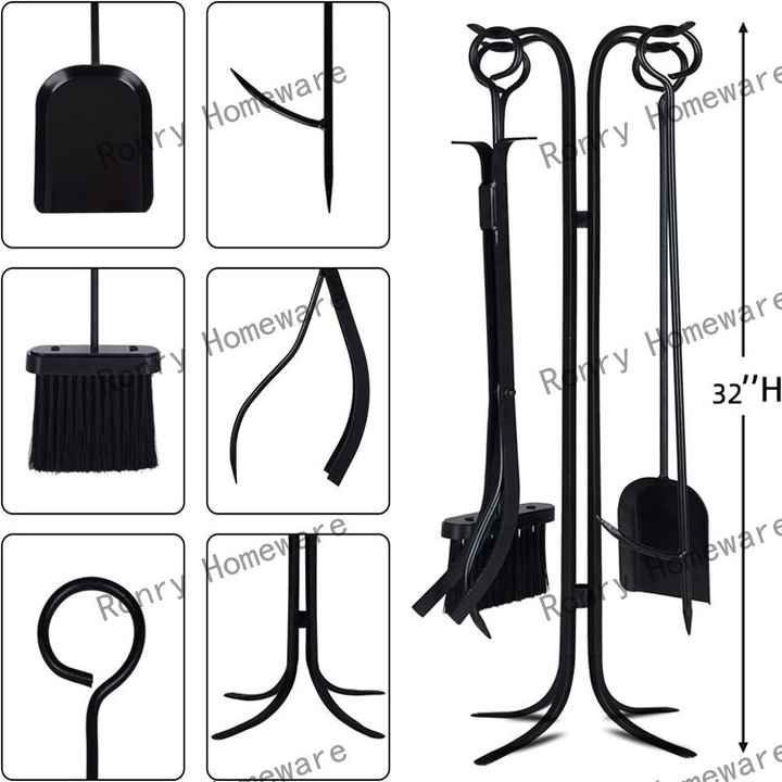 5-Piece Heavy Duty Outdoor Fireplace Tools Set Long Holder Wrought Iron ...