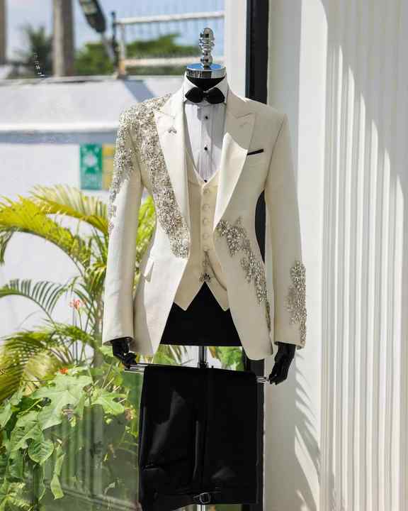 Custom Tailor Rhinestone Shiny Wedding White Suit for Men