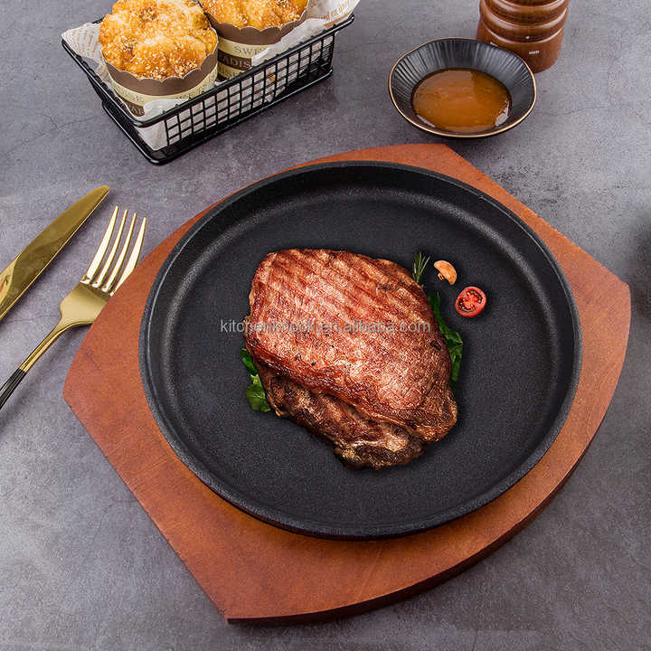 Restaurant Use Bbq Griddle Plate With Wooden Base Iron Oval Sizzling ...