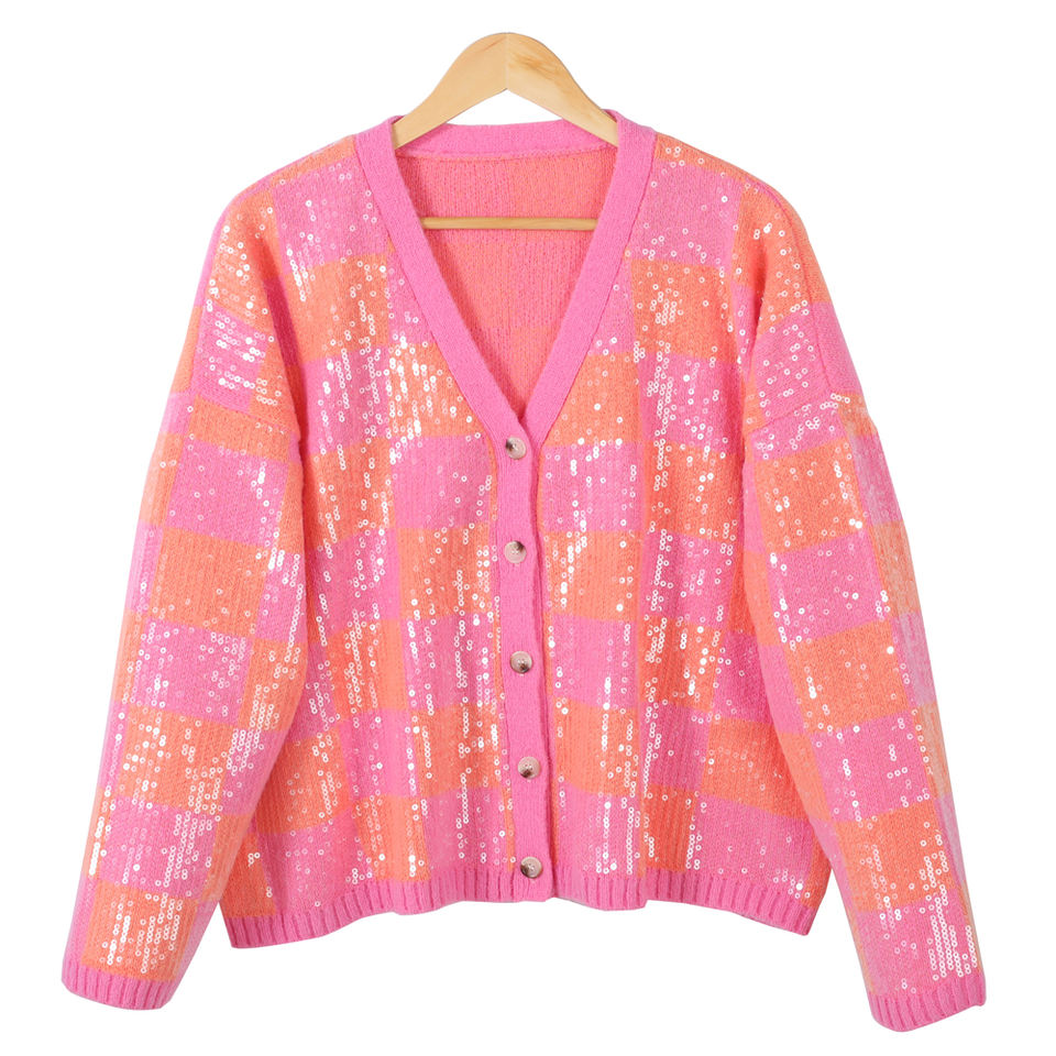 Lovedagear Custom Winter Women V Neck Pink Sweater Jacket Sequin Plaid ...