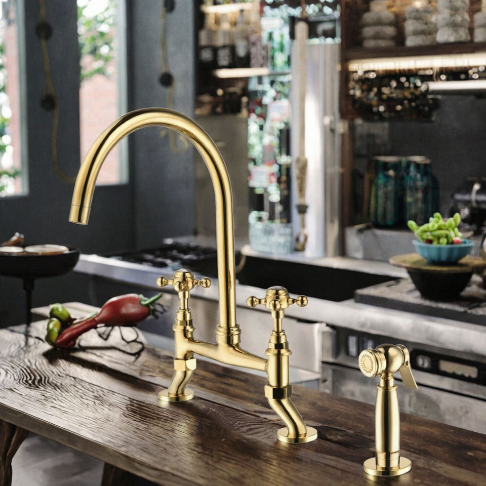 French Vintage Bridge Style Brass Kitchen Faucet - Flexible & Durable