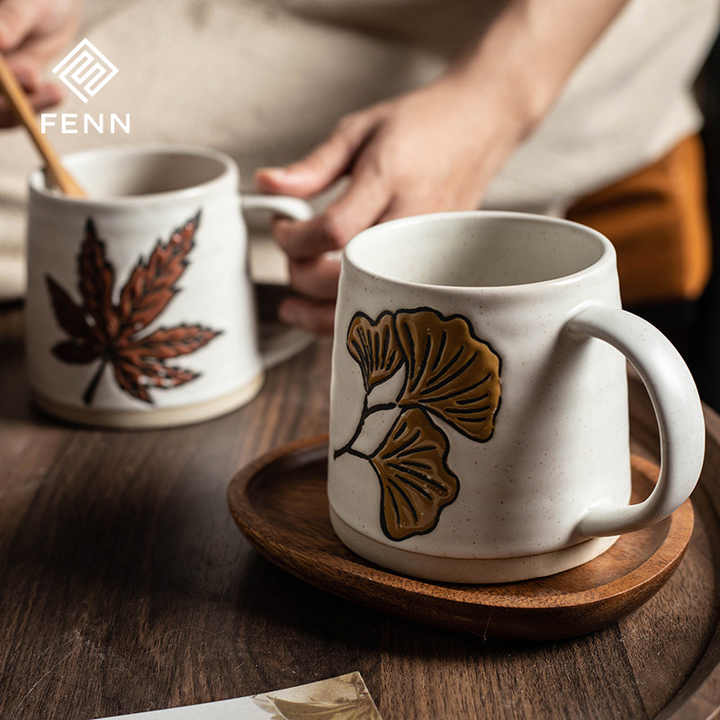 FENN Vintage Matte Beige Clay Mugs Custom Pattern Relief Wholesale ...