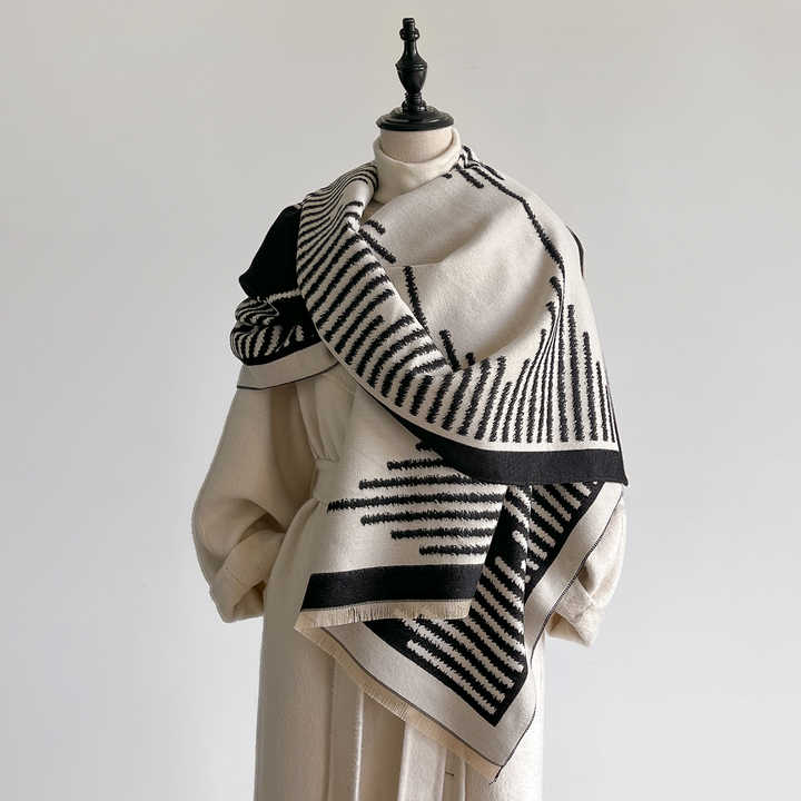 Geometric Line Jacquard Design with Fringe, Women's Luxury Wrap Modern ...