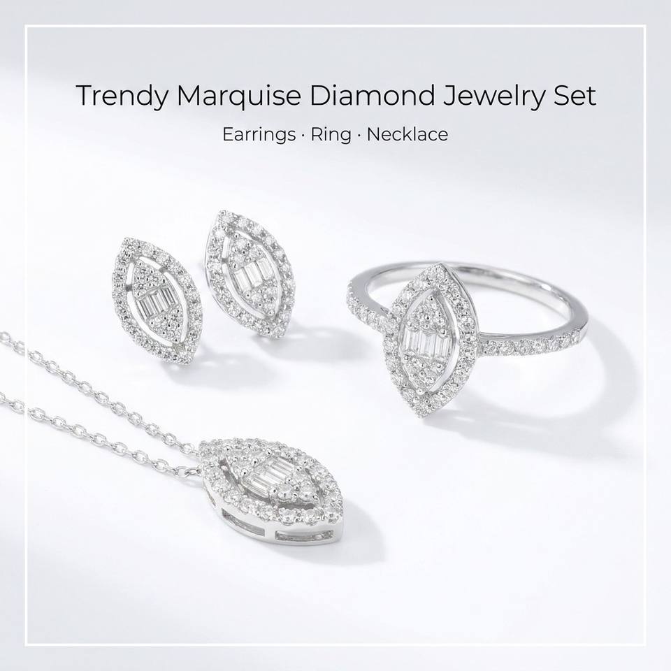 Ins Style 18K Gold Natural Diamond Marquise Jewelry Set Baguette Halo ...