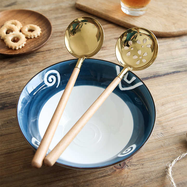 Korean Cooking Utensils Wooden Handle Stainless Steel Soup Spoon and ...