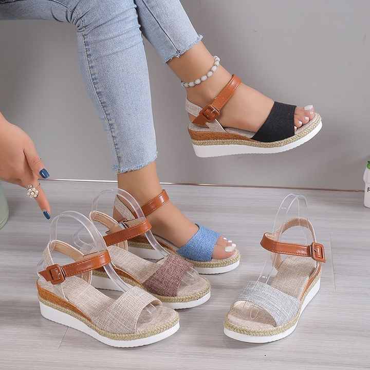 Wedge Sandals 2024 Summer Flat Slope Heel Fish Mouth Cloth Outdoor ...