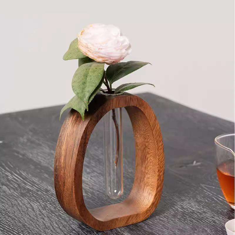 Modern Asian Zen Style Walnut Wood & Glass Hydroponic Tabletop Vase ...