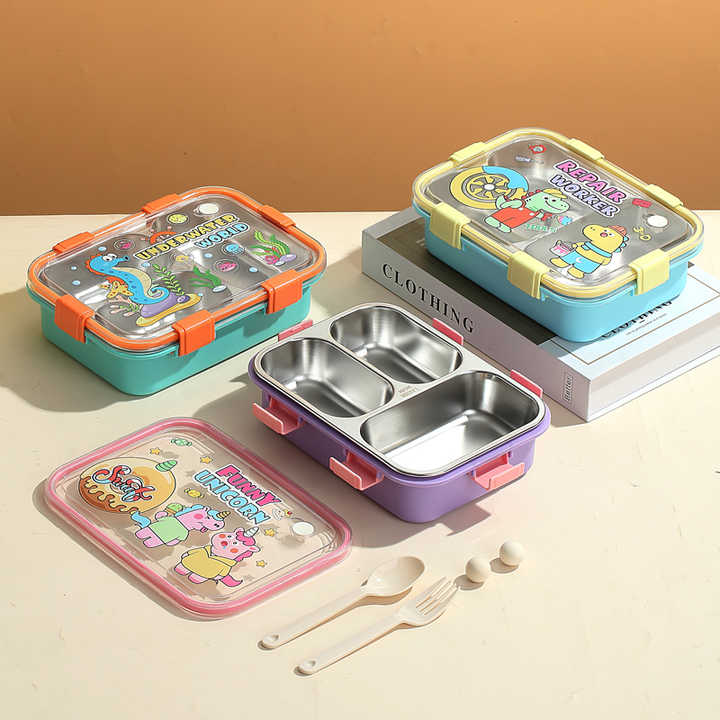 UV Printing 750ml Cartoon Stainless Steel Lunch Box-3 Grid with PP Fork ...
