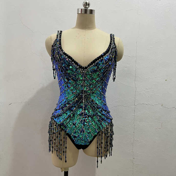 Sexy Women Beads Bodysuit Sequin Swimsuit RAVE Dancer One-Piece Outfit ...