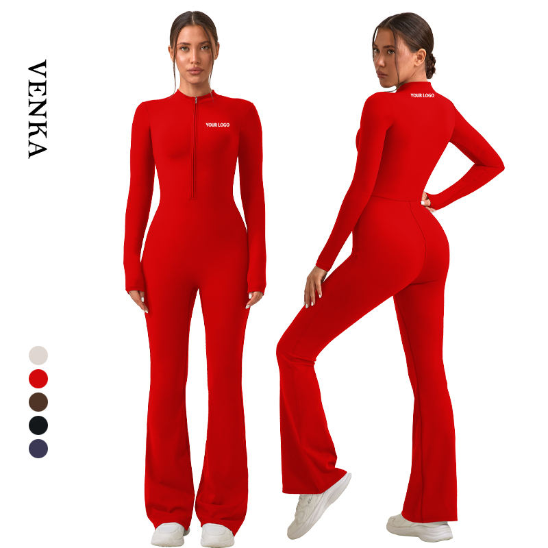 Newest Gym Clothing Women Half Zipper Flare Leg Slim Fit Bodysuits High ...
