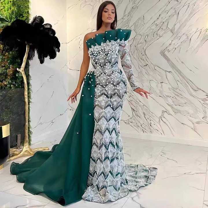 Luxury Evening Dress with Detachable Train & Beaded Sequins
