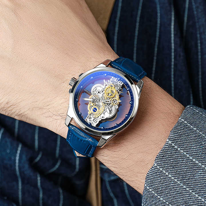 Gold Skeleton Waterproof Leather Custom Watch Men Luxury
