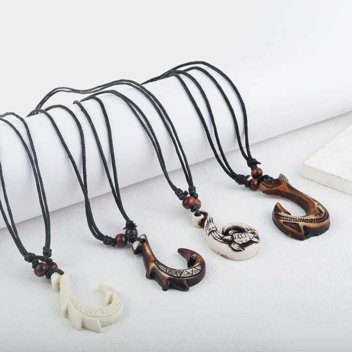 Vintage Fish Hook Pendant Necklace Resin Acrylic Leather Wax Rope ...