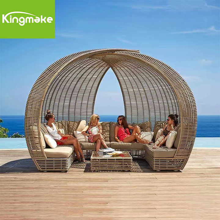Triangle Rattan Beach Daybed With Curtain Traditional Design Sun Bed ...