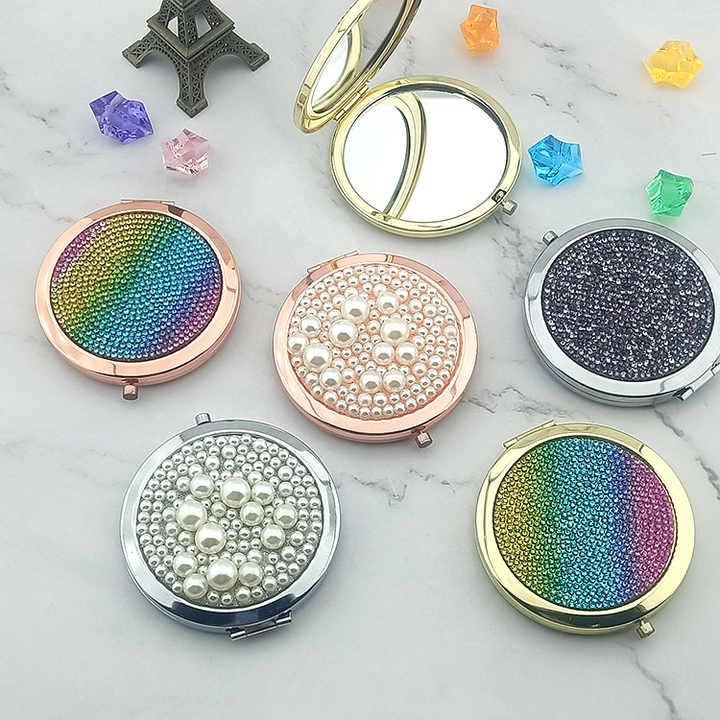Customized Bling Pearl Rhinestone Folding Compact Mirror