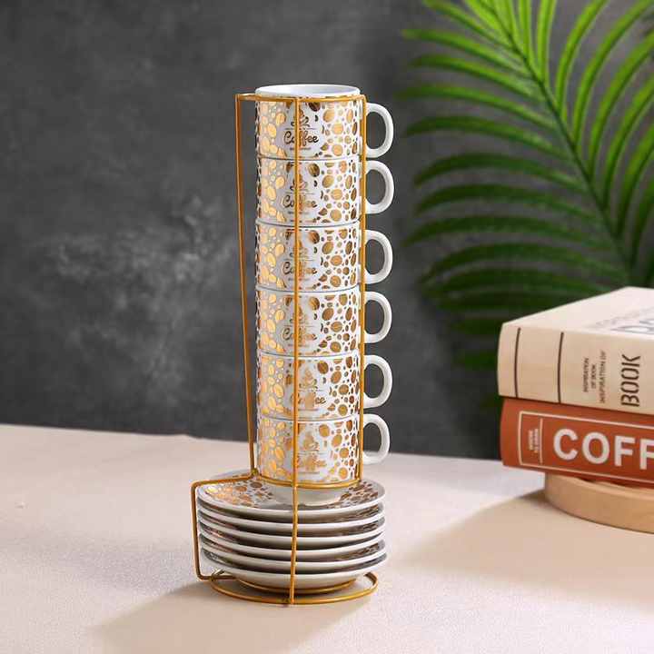 Porcelain Espresso Cups - Stackable Coffee Mugs with Stand