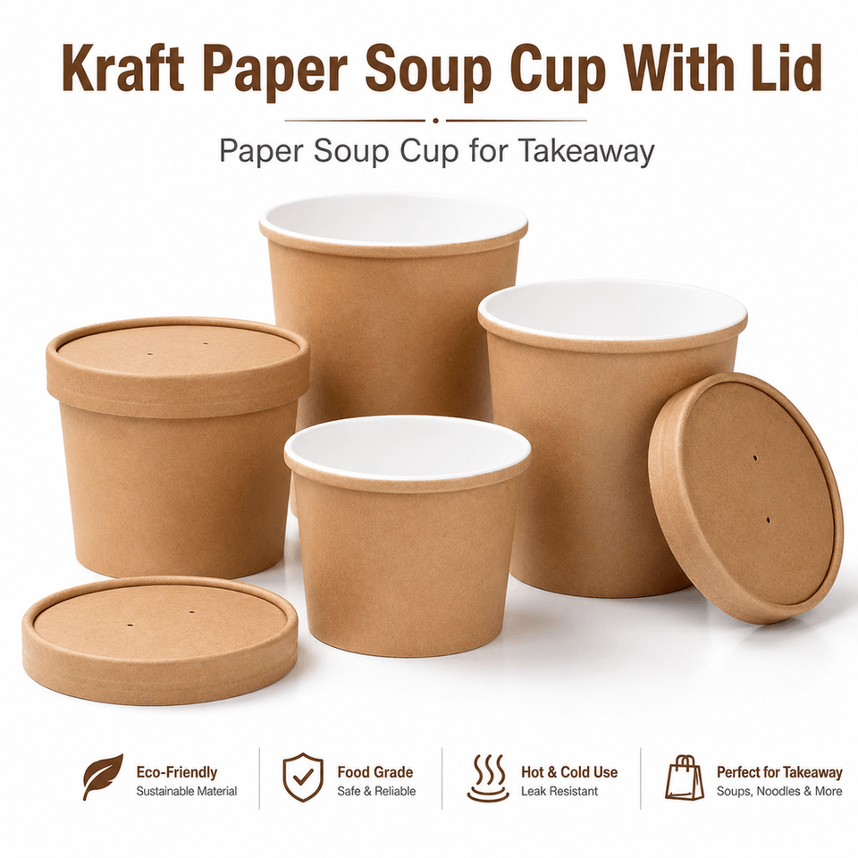 Disposable Kraft Paper Soup Cup With Vented Lid Takeaway Hot Soup Bowl ...