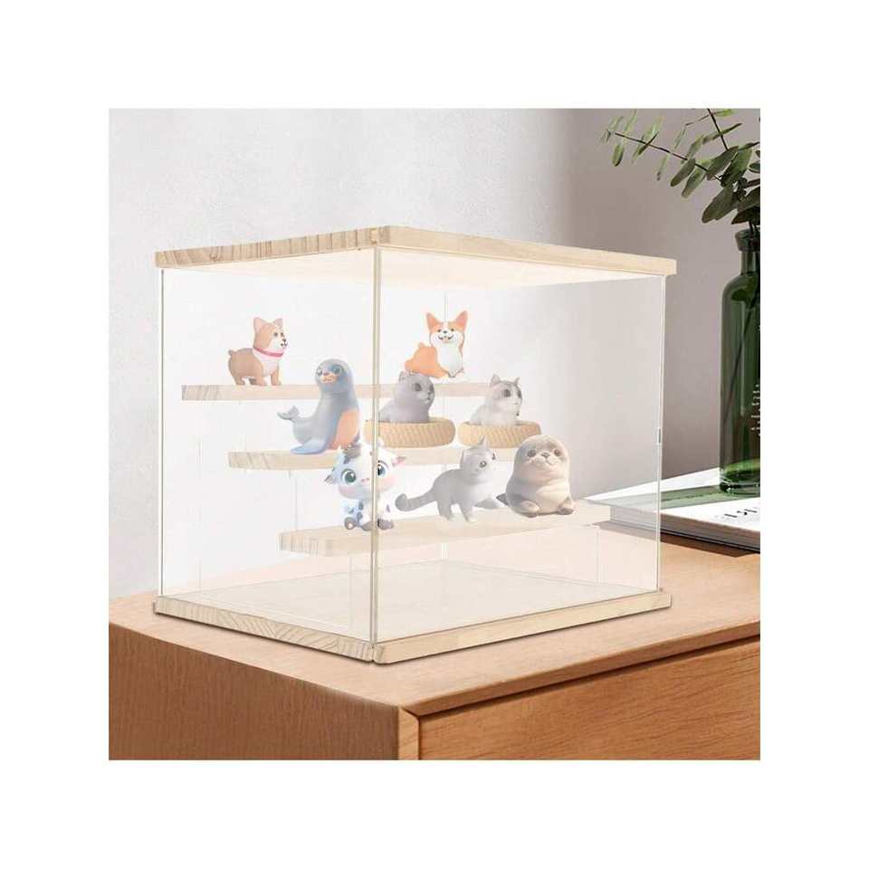 4-Tier Clear Display Case with Wood Shelf Counter Display Box Made of ...