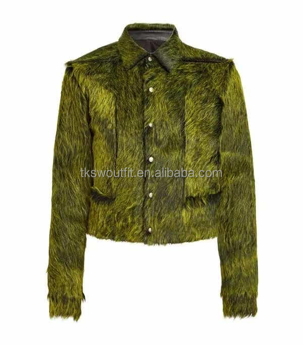 Genuine Leather Spread Collar Press Stud Hair-on Leather Jacket Cowhide ...