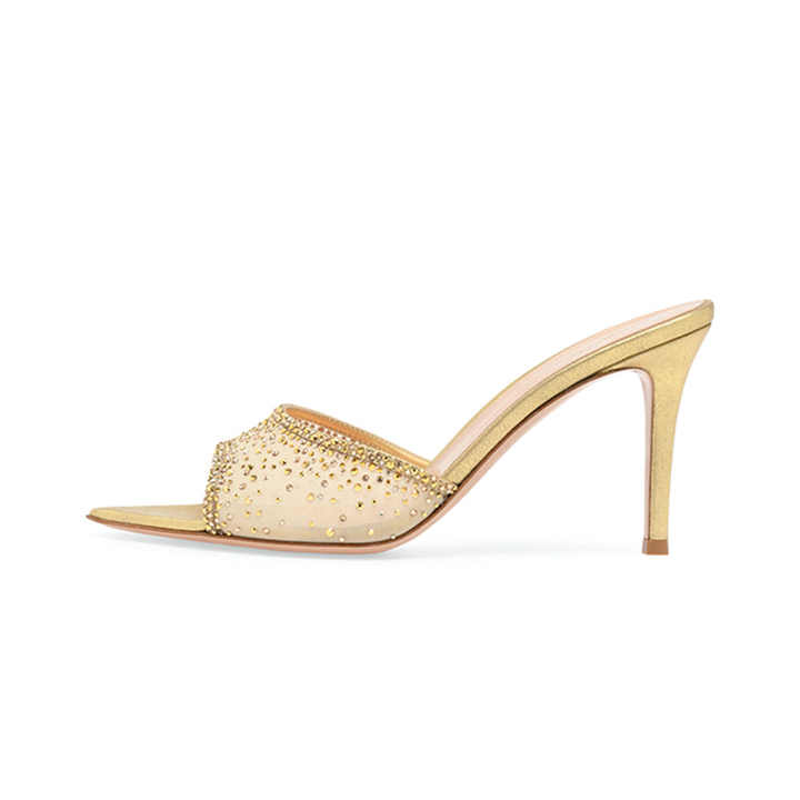 Gold Pointed Open Toe Rhinestone Sandals for Women - Sparkly Style