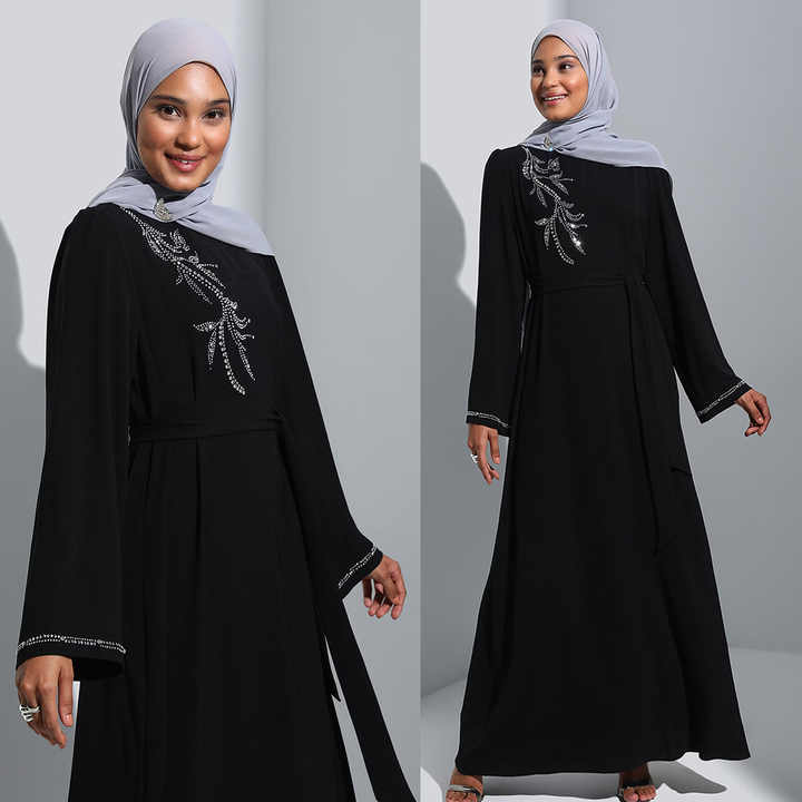 Muslim Women Black Closed Abaya Luxury Elegant Bling Crystal Black Abaya Arabic Dubai Kimono ...