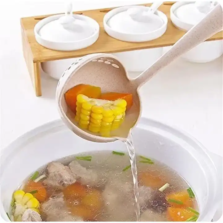 2 in 1 Soup Spoon Wheat Straw Long Handle Soup Spoon Straining Ladle ...