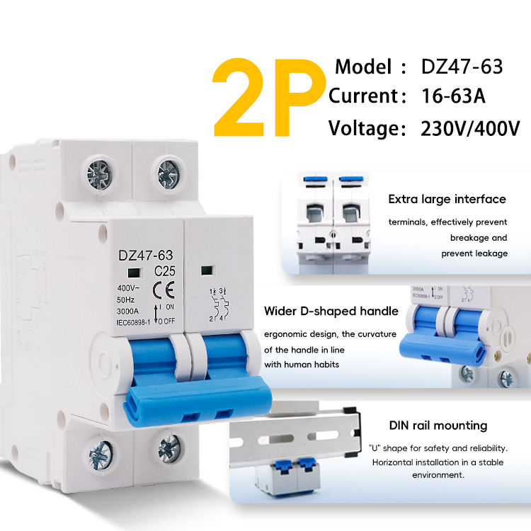 DZ47-63-C25-2P Low Voltage 25A 2Pole AC 50 / 60Hz DIN Rail Mount MCB Air Switch Miniature ...