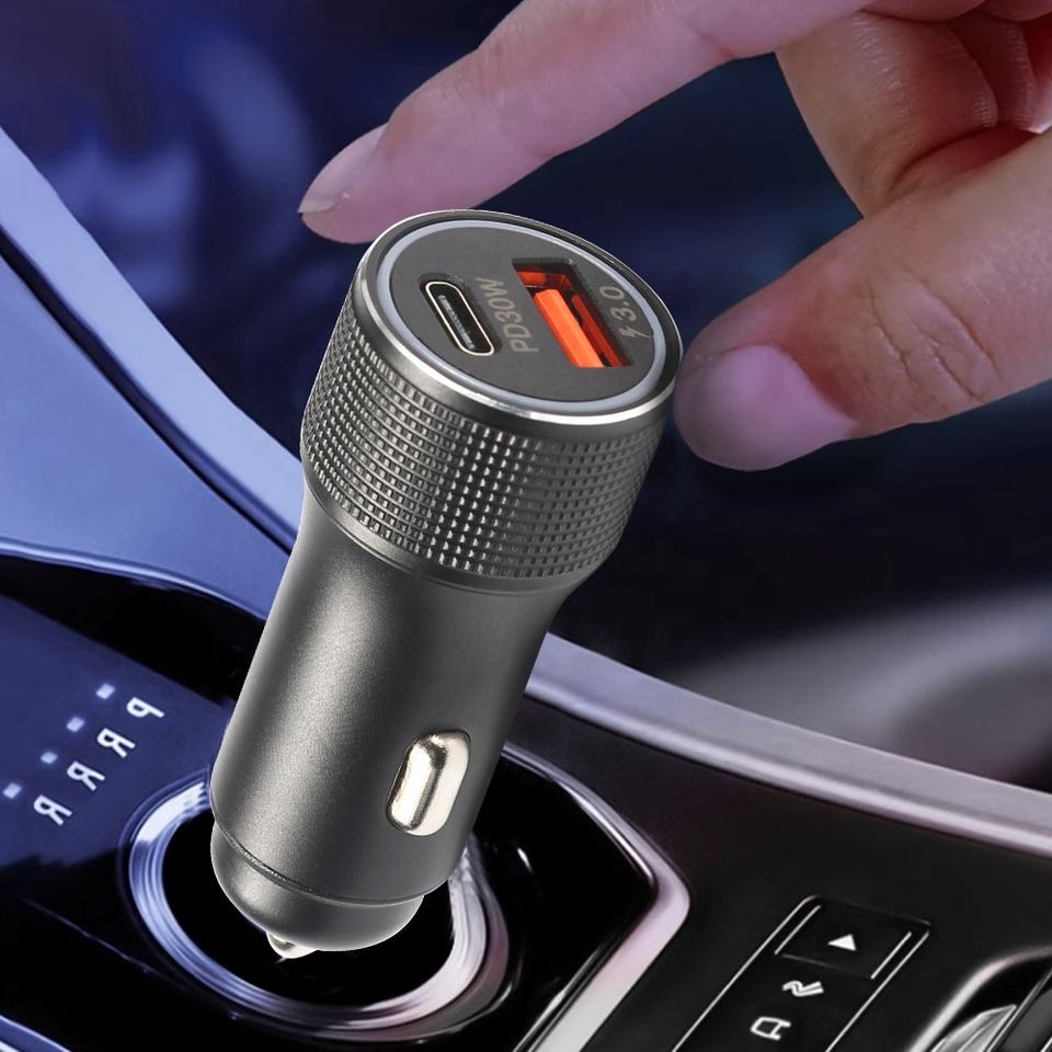 HNT Silver & Black 48W Car Charger 2 Port Fast Charging USB+Type C ...