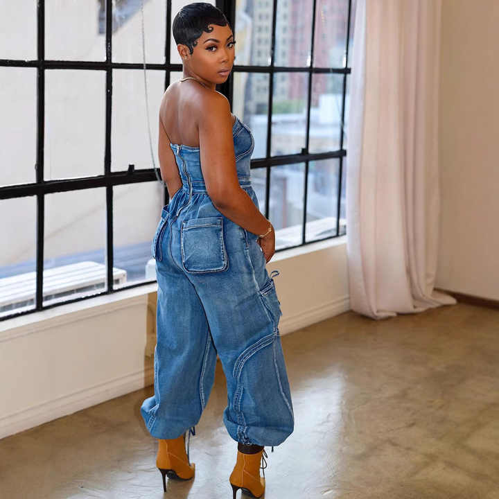 Women'S Smocked Sexy One Piece Rompers Overalls Strapless Jean Pants ...