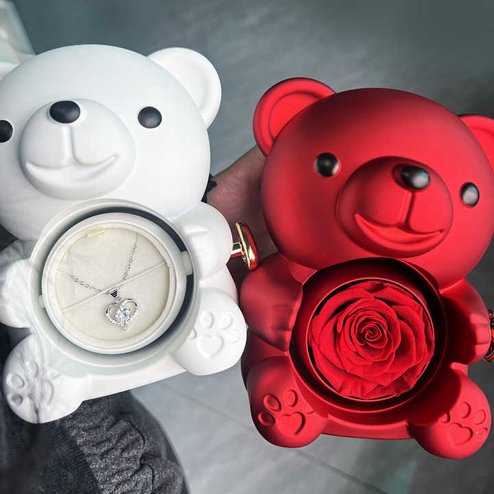 Acrylic Hug Bear Necklace Ring Box with Preserved Roses