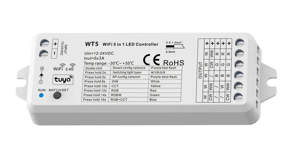 Tuya WT5 5-in-1 Wireless Remote Control LED Dimmer for RGB Strip Light ODM