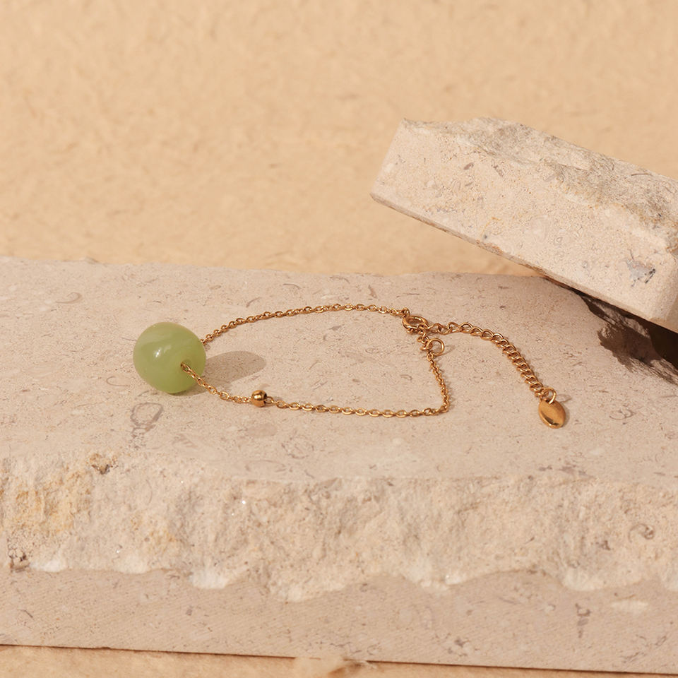 316L Stainless Steel 18k PVD Plated Natural Jade Gem Charm Tennis Chain ...